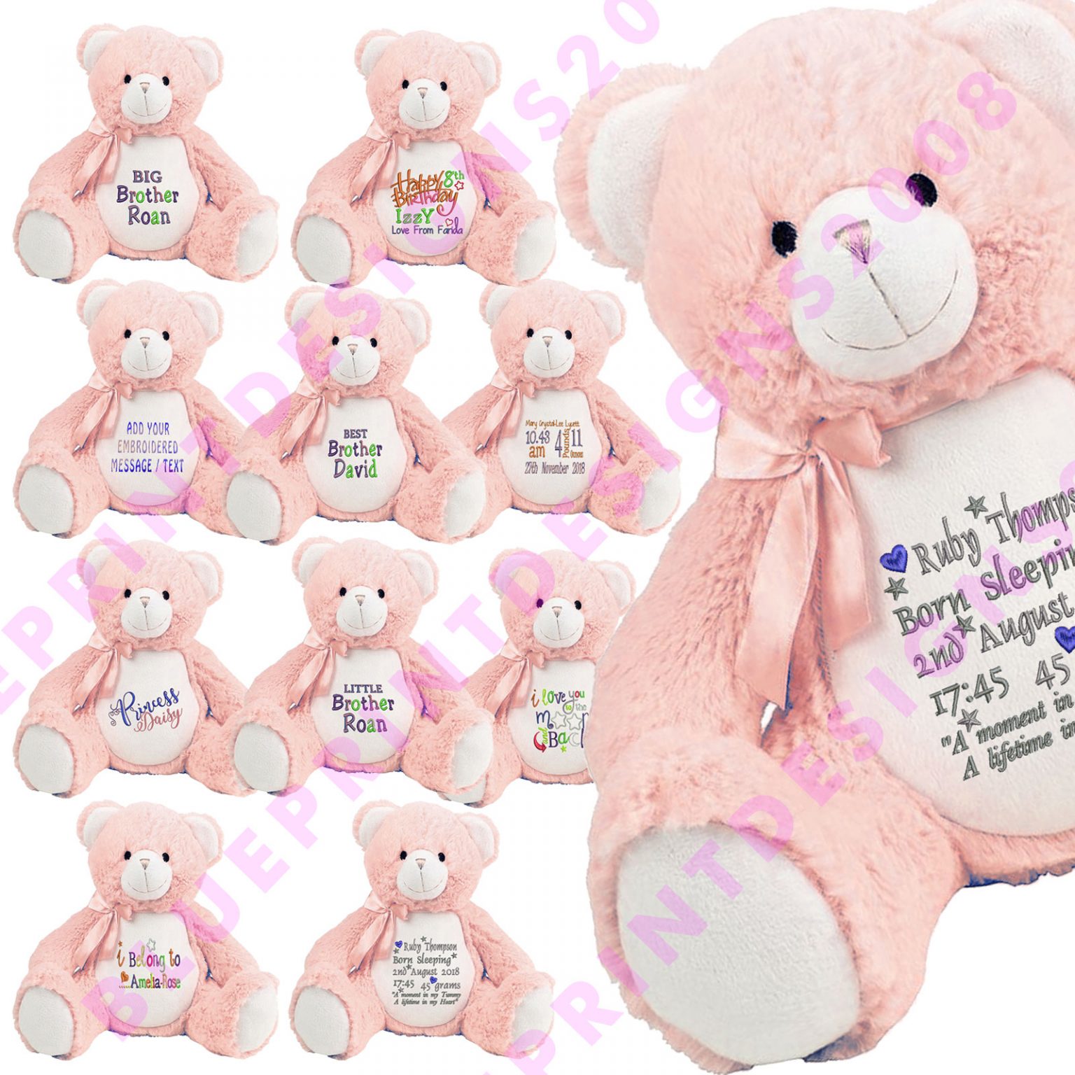 Large 45cm Personalised Embroidered Pink Teddy Bear – Blueprint Designs