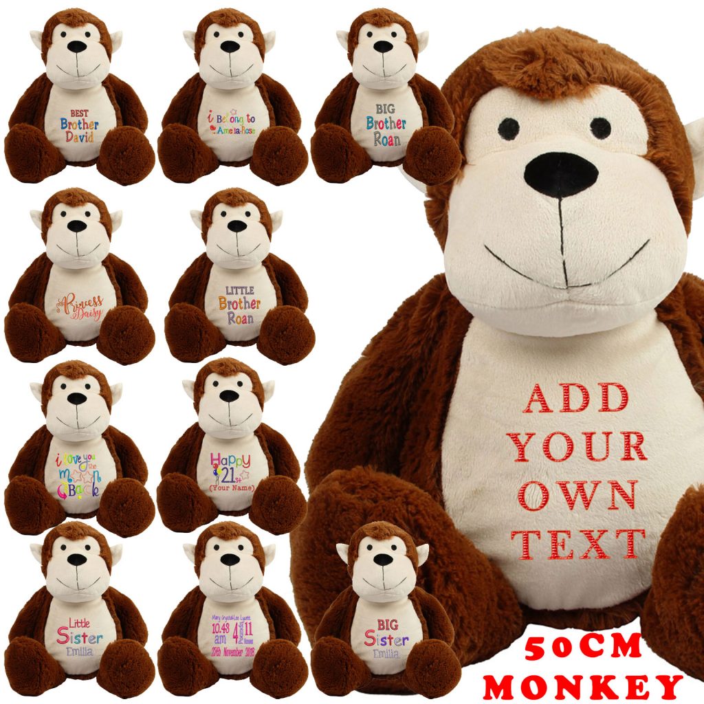 Large 45cm Personalised Embroidered Monkey – Blueprint Designs